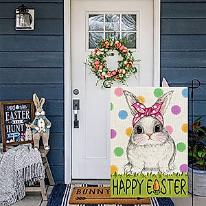 CROWNED BEAUTY Happy Easter Bunny Garden Flag 12x18 Inch Double Sided for Outside Burlap Small Polka Dots Yard Holiday Decoration CF705-12