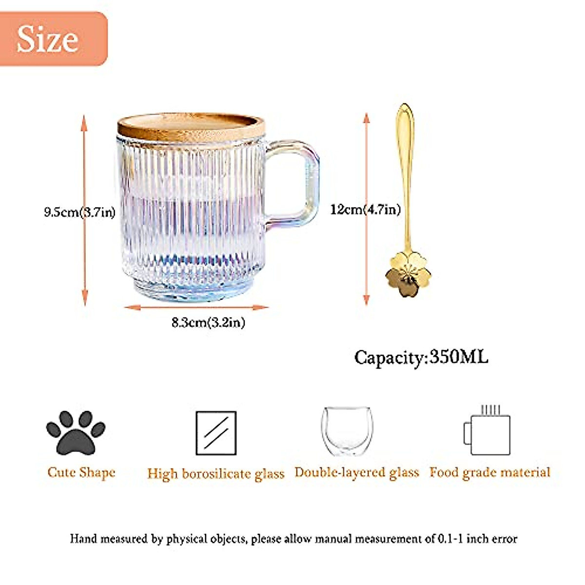 Yalucky Clear Iridescent Coffee Mug with Lid and Sakura Spoon Tea Cups Glass Mugs Pretty Cute Mug for Milk Latte Chocolate Juice Water for Women Men Birthday Christmas (white)