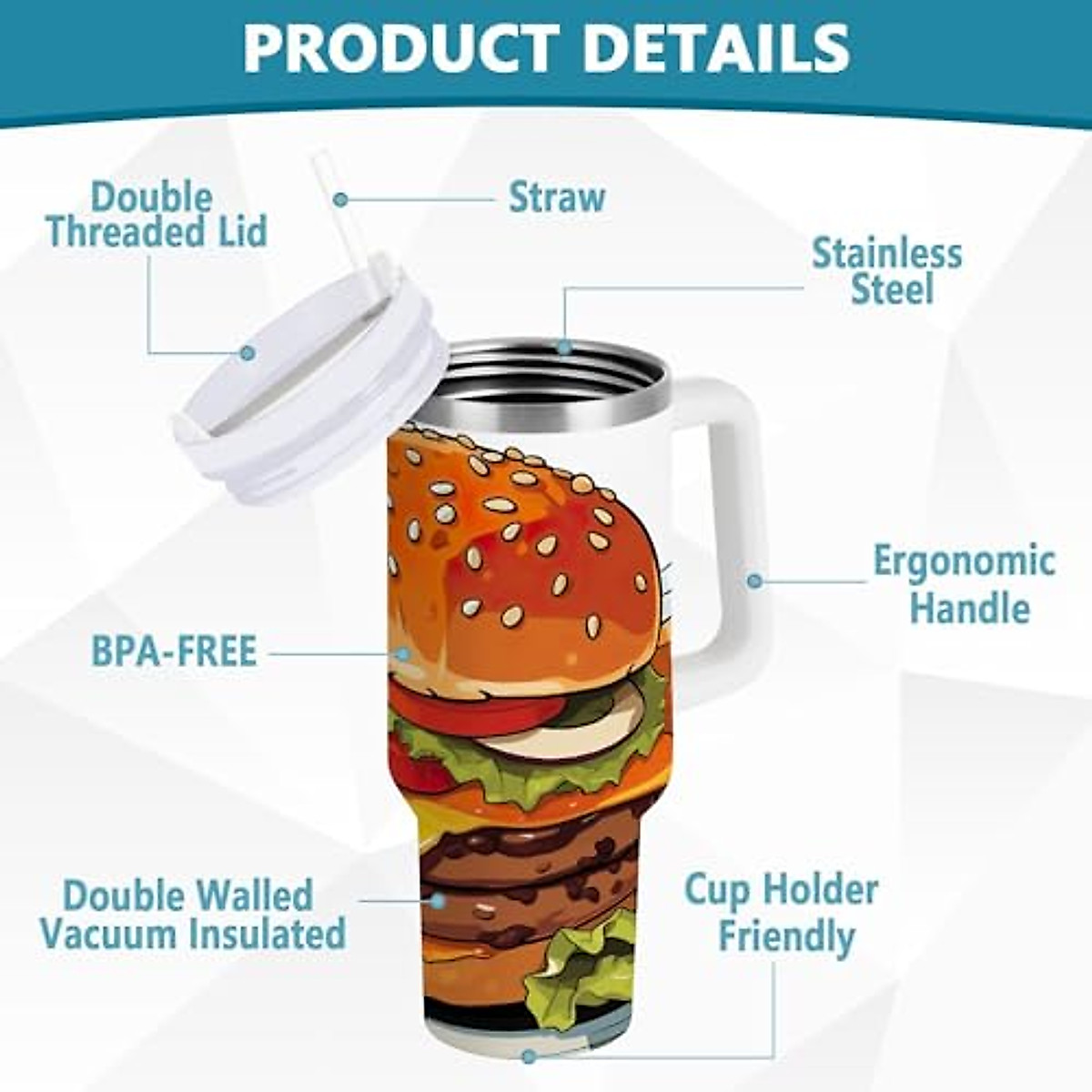 Jihqo Cartoon Burger 40 oz Stainless Steel Vacuum Insulated Tumbler with Handle and Straw Lid, Leakproof Water Bottle Double Wall Travel Mug Coffee Cup, Cupholder Friendly