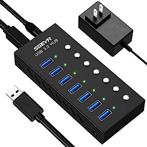 SGEYR Powered USB Hub, Aluminum USB 3.0 Data Hub Splitter 7 Ports with USB Charging Ports and Individual On/Off Switches with 12/2A(24W) Power Adapter for Laptop,HD Webcam,Printer (Light Black)