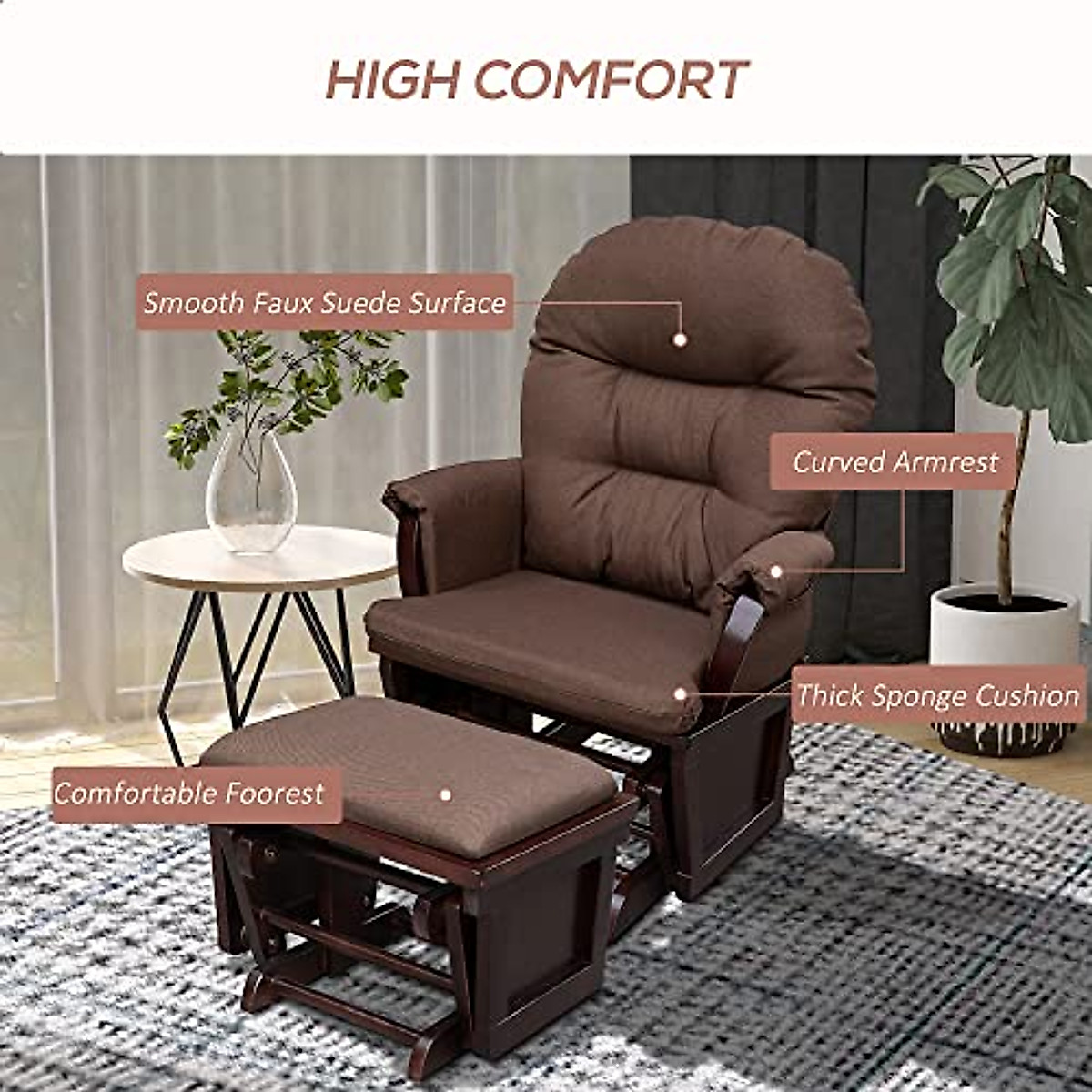 HOMCOM Nursery Glider Rocking Chair with Ottoman, Thick Padded Cushion Seating and Wood Base, Brown