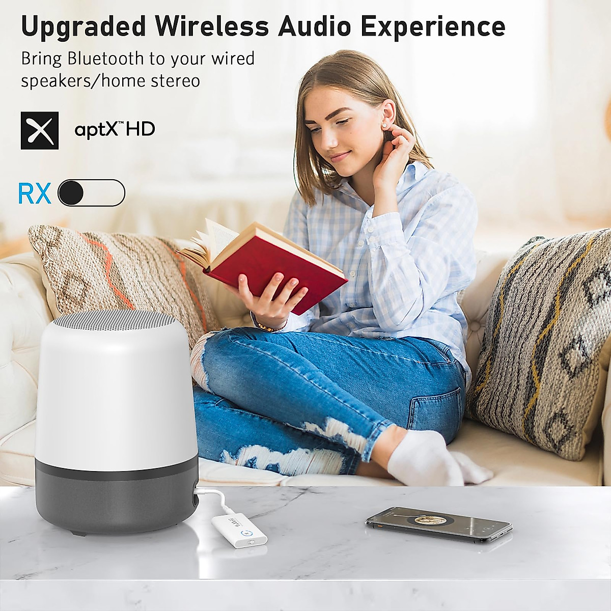 1Mii Bluetooth 5.3 Transmitter Receiver for TV to 2 Headphones, Bluetooth Adapter for Airplane w/aptX HD& Low Latency, Dual Link, Wireless Receiver for Home Stereo/MP3/Boats/Treadmill/Gaming