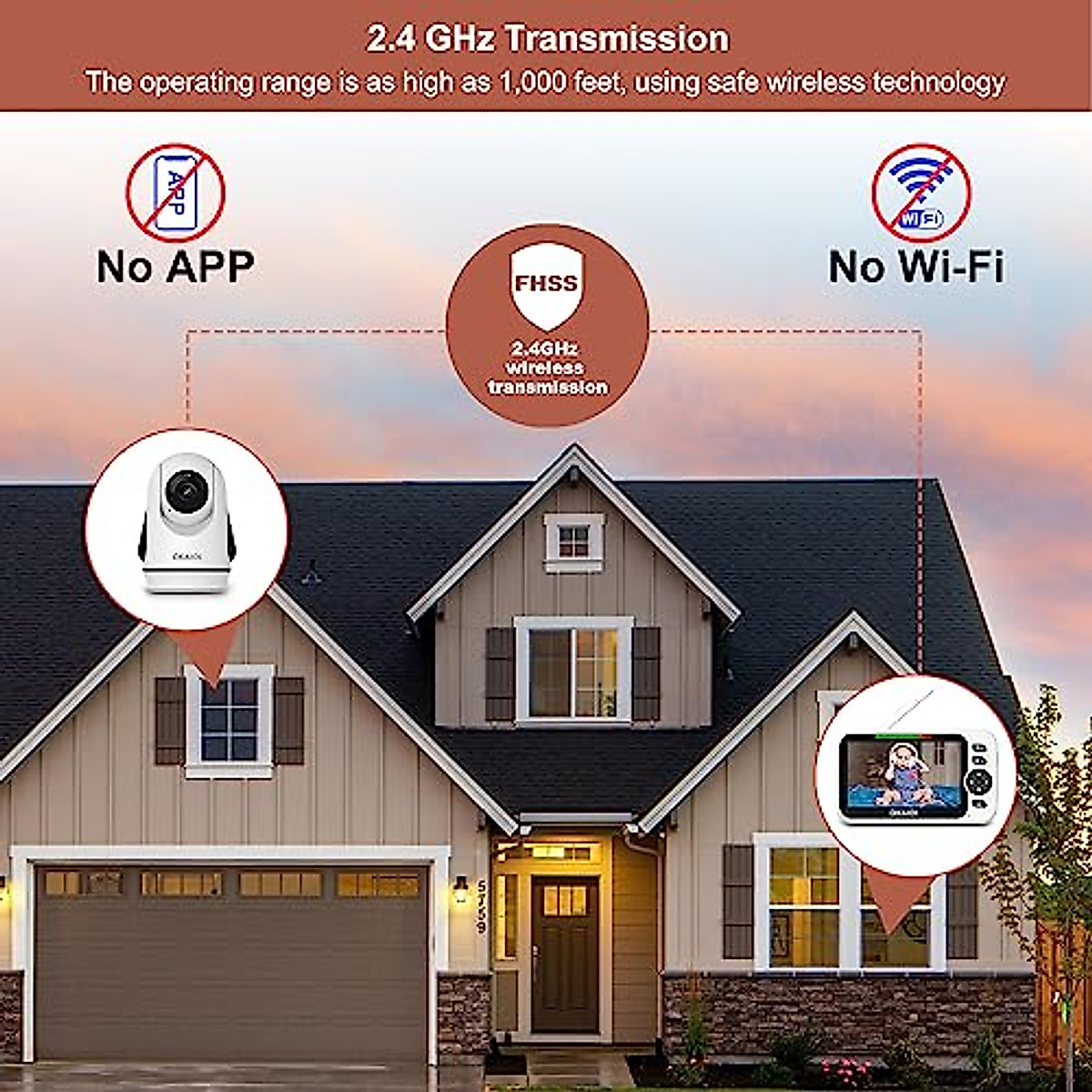 OKAIDI Video Baby Monitor with Camera and Audio, 5" Display Baby Monitor No WiFi, 30H Battery and 1000ft Range Baby Monitor, Remote Pan-Tilt-Zoom Baby Camera, Night Vision, 2-Way Talk, VOX,Temperature