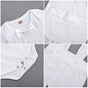 Baby Boys Baptism Christening Outfit Bowtie Romper Suspenders Pants Gentleman Formal Wedding Party Tuxedo Suit Ring Bearer Clothes Set for Birthday Cake Smash Photo White - Long Sleeve 6-12 Months