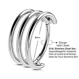 OUFER 16G Conch Piercing Jewelry, 316L Stainless Steel Conch Earrings, Three Row Nose Rings Hoops, Helix Cartilage Daith Rook Earrings for Women and Men-12MM