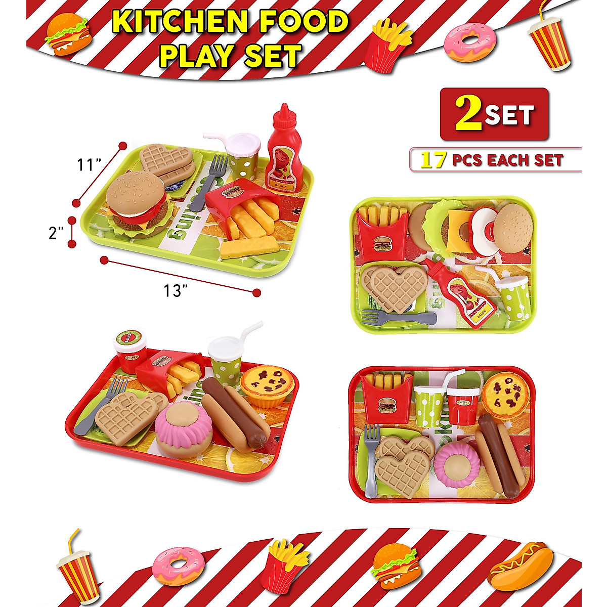 Mozlly Kitchen Food Playset - Cute Fast Food Playset with Trays, Plates, Fork, Soda Cup - Deluxe Fast Food Toy Set for Kids for Pretend Play Snack Parties, and Birthday Surprise Gift Play Food Set