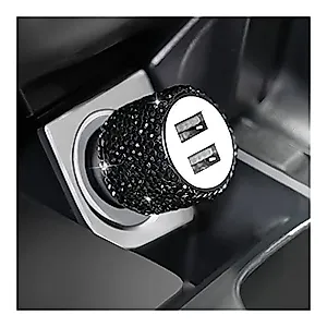 Bling Dual USB Car Charger Adapter, 18W Output Handcrafted Rhinestones Crystal QC3.0 Fast Charging Adapter for iPhone 13/12/12 Pro Max/XS, Samsung Galaxy, Auto Accessories for Women Men (Black)