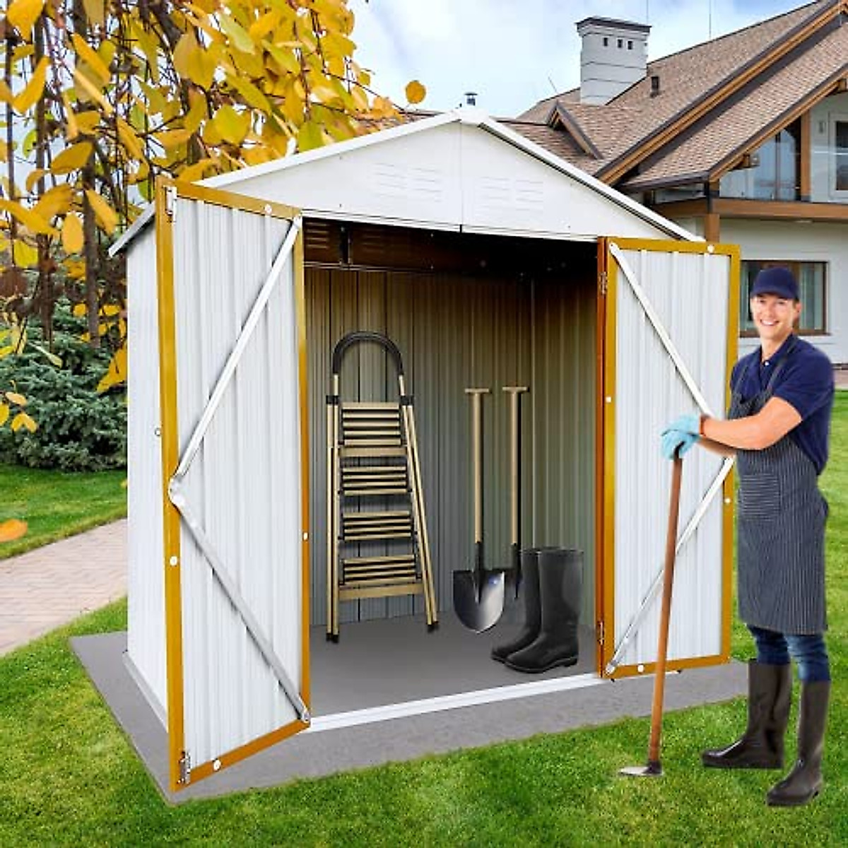 Ampela Outdoor Storage Shed, Metal Outside Sheds with Apex Roof Galvanized Steel for Backyard, Patio, Lawn, Tool Shed with Lockable Door for Trash Can, Bike, Lawnmower, 4x6 FT,Yellow+White
