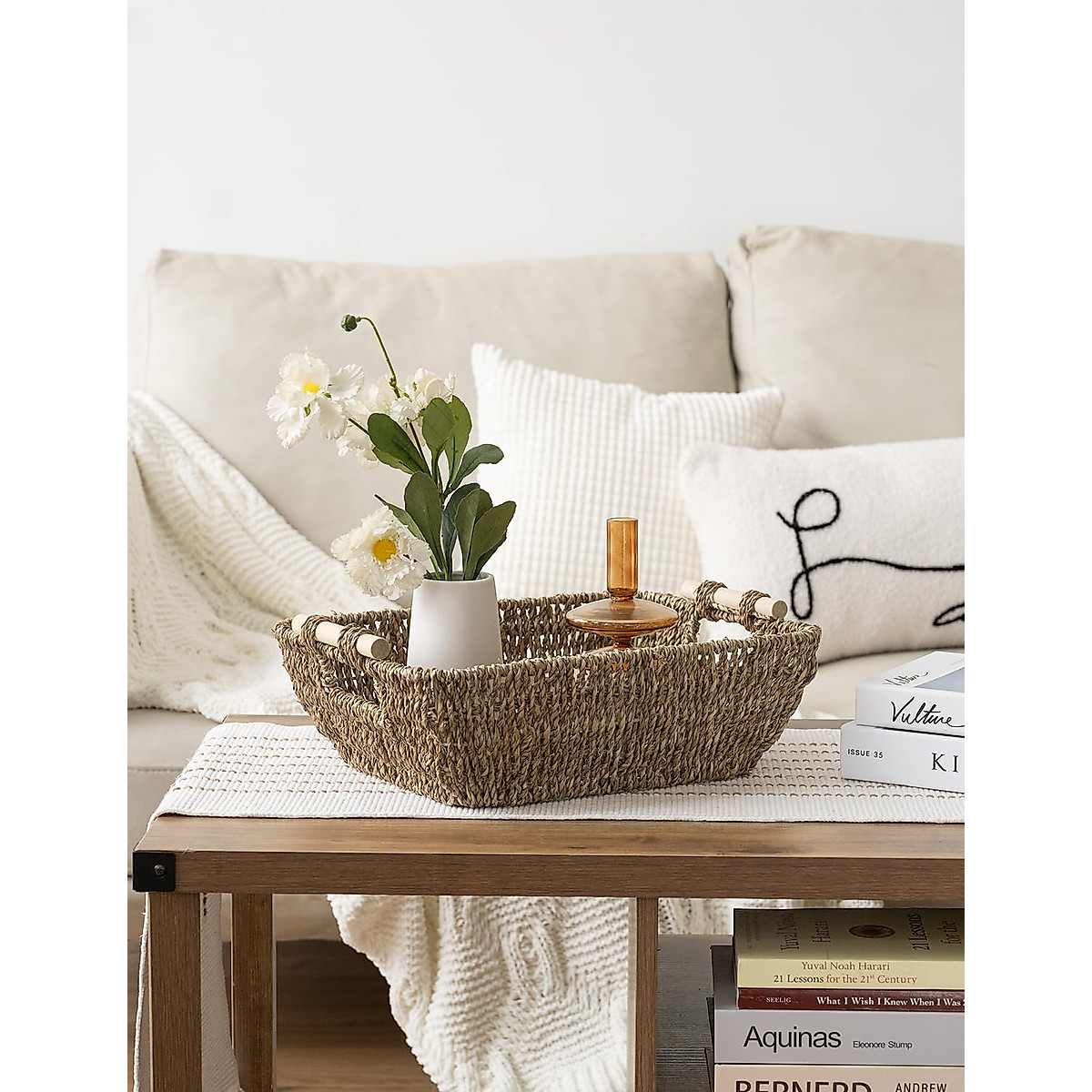 StorageWorks Hand-Woven Large Storage Baskets with Wooden Handles, Seagrass Wicker Baskets for Organizing, 2-Pack