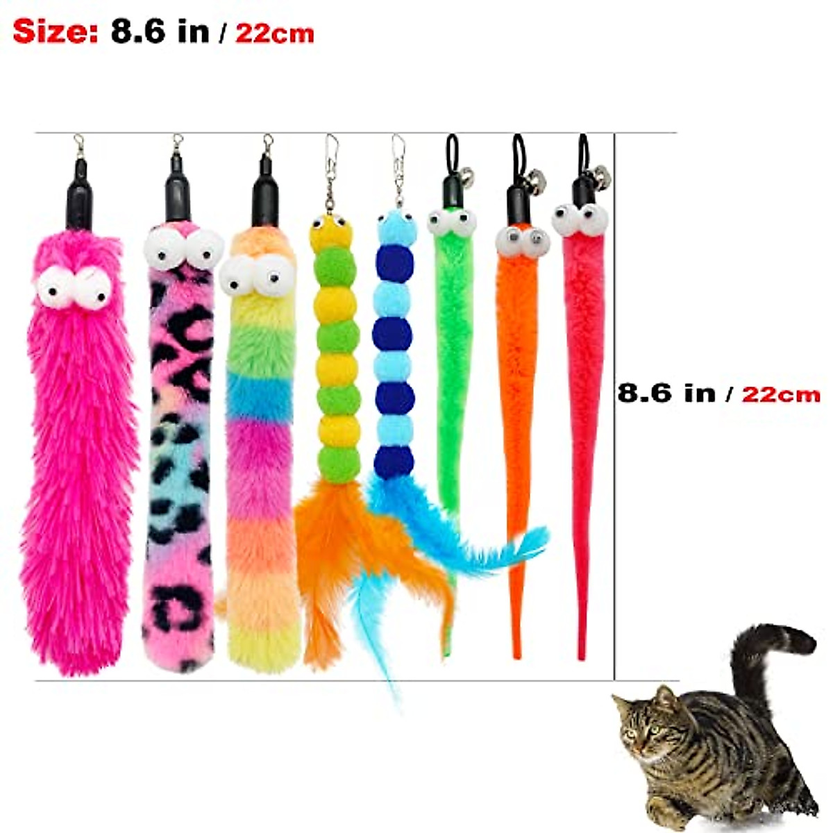 CATENESS Cat Worm Toy Cat Wand Replacement Worms, 8 PCS Worms Cat Toy Refill, Interactive Cat Wand Attachments Worm for Cat Toys