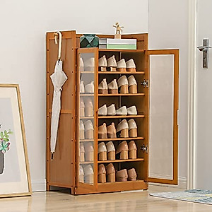 MoNiBloom 7 Tier Shoe Storage Cabinet Bamboo Free Standing Shoes Oragnizer with Visible Doors and Side Hooks for 14-18 Pairs Home Entryway, Brown