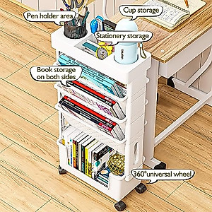 YFXCVSL 5 Tier Book Rack Storage Bookshelf, Mobile Bookshelf with Wheels, Movable Unique Bookcase Small Rolling Bookshelf, Mobile Book Cart Organizer Bookshelves for Office, Dorm, Classroom, White