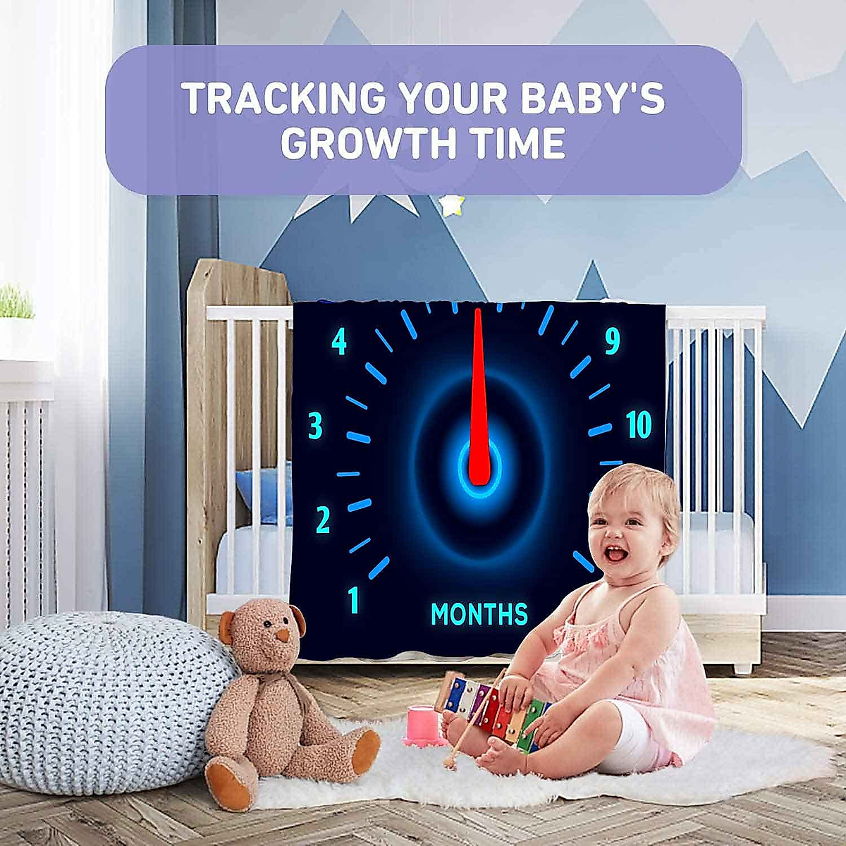 PHMOJEN Racing Car Theme Baby Monthly Milestone Blanket, Speed Table Speedometer Blue Black Background, Newborns 1 to 12 Months Unisex Include 4 Frames and 1 Headband 47"x47"BTWYPH41