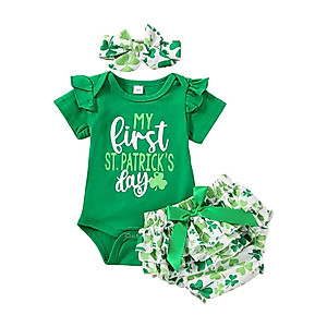 Amiblvowa My First St Patricks Day Baby Girl Outfit Ruffles Romper Shamrock Shorts Headband Set 3Pcs Newborn Infants Clothes