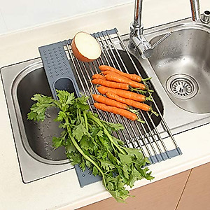 N/A2 Roll Up Dish Drying Rack - Over The Sink Drying Rack with Utensil Holder + Multipurpose Sink Cover Stainless Steel Silicone Portable Dish Draining and Folding Strainer for Mom!