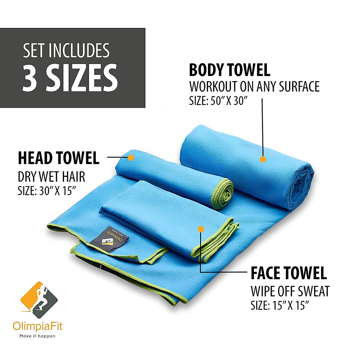OlimpiaFit Quick Dry Towel - 3 Size Pack of Lightweight Microfiber Travel Towels w/Bag - Fast Drying Towel Set for Camping, Beach, Gym, Backpacking, Sports, Yoga & Swim Use﻿