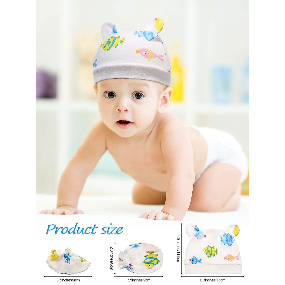 18 Pieces Newborn Cap Mitten Sock, Including 6 Pieces Newborn Hats, 6 Pairs Baby No Scratch Mittens Gloves and 6 Pairs Infant Socks for 0-6 Months Unisex Baby Boys Girls Set Multicoloured