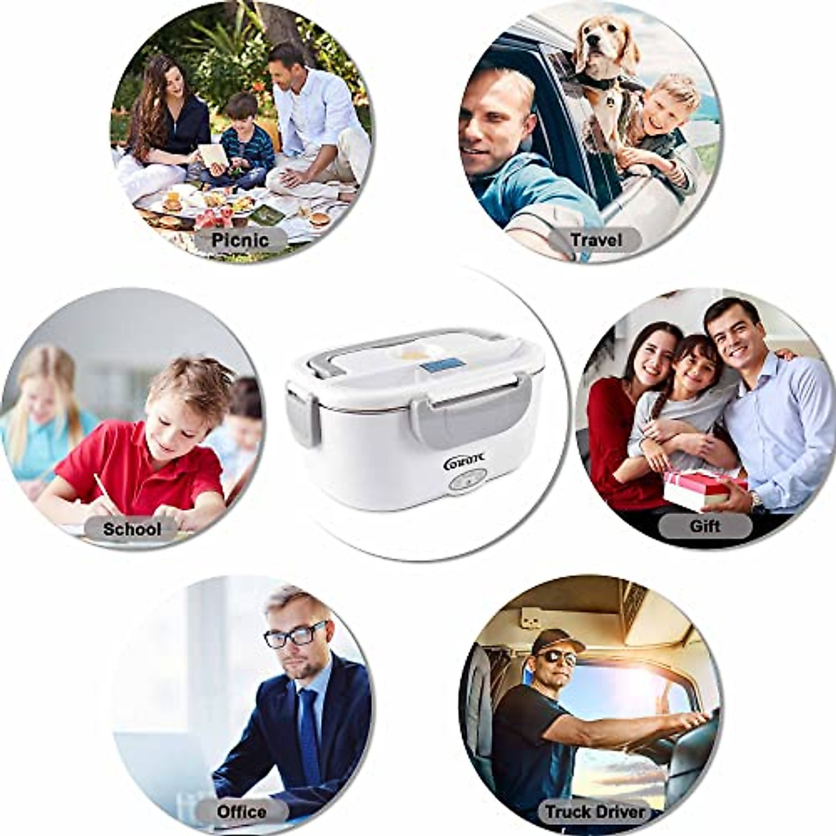 COROTC 60W Electric Lunch Box, 12V 24V 110V 3 in 1 Leak Proof Heated Lunch Box, Portable Microwave For Car Office School, 304 Stainless Steel Electric Lunch Box Food Heater With Lunch Bag, Gray