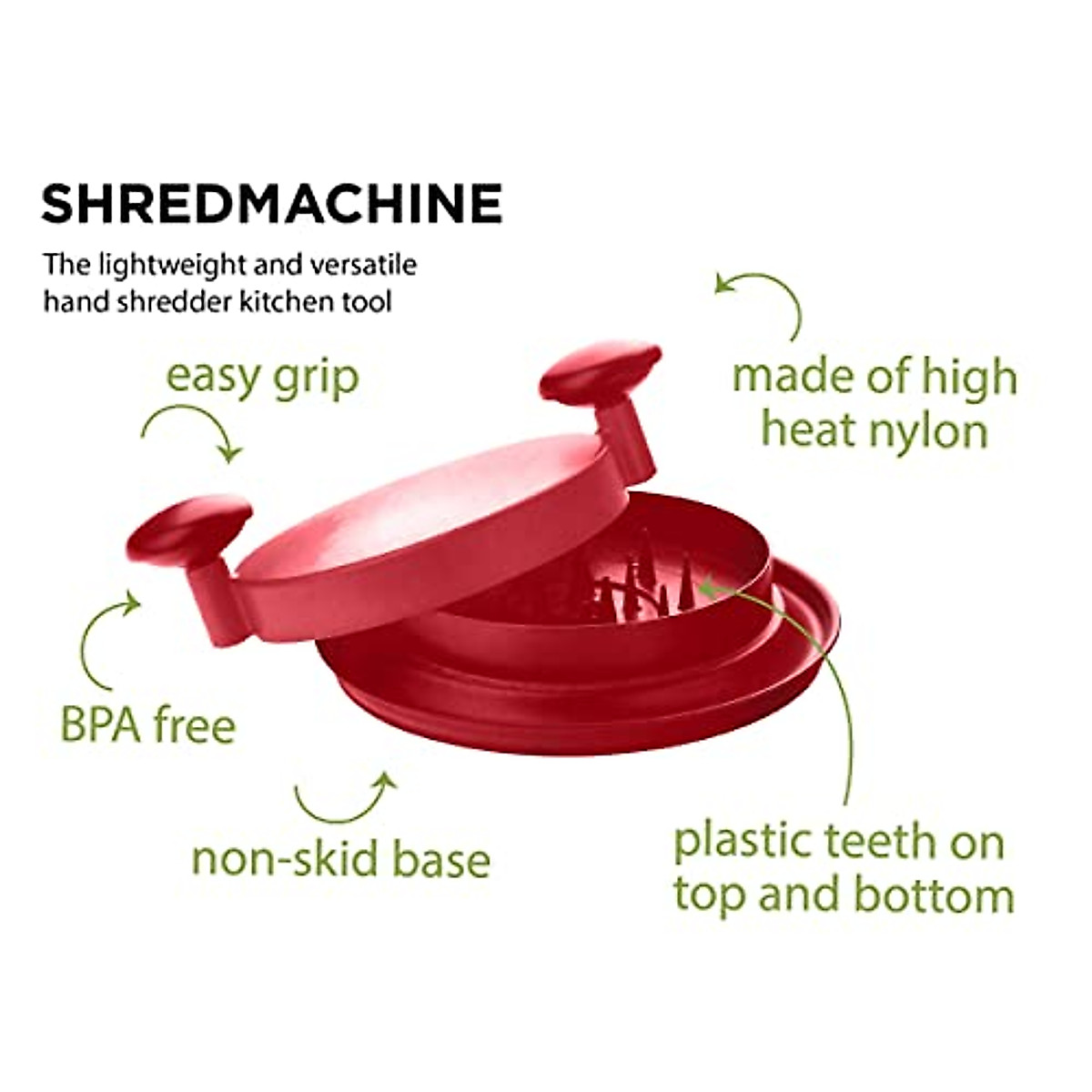 FusionBrands ShredMachine, Red -The Quick, Easy to Use Alternative to Bear Claws Meat Shredder for Pulled Pork, Beef, Chicken, & More - BPA Free Hand Shredder with Easy to Grip Handles, Non-Skid Base