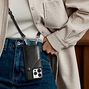 LUCKYCOIN Phone Case iPhone 14 Pro Crossbody Case for Women with Strap & Card Holder, Genuine Leather Wallet Case for Apple i Phone 14 Pro, Adjustable Lanyard Full-Body Protection, 6.1 inches, Black