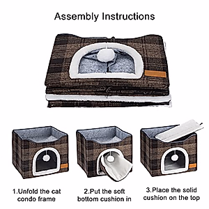 Cat Bed for Indoor Cats, Cat House with Durable Scratching Board and Dangling Toy Ball, Foldable Cat Condo with Reversible Cushions and Large Opening (Coffee)