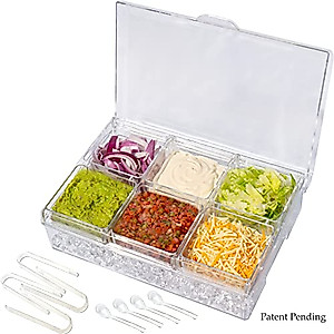 ImpiriLux Ice Chilled Six Compartment Condiment Server Caddy - Serving Tray Container with 6 Removable Dishes Each with 3.5 Cup Capacity | Domed Hinged Lid | 4 Serving Spoons + 4 Tongs Included