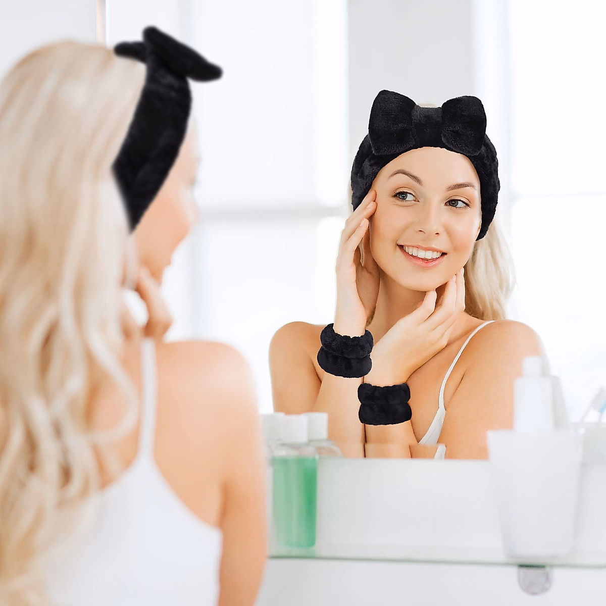 Hanaive 3 Pcs Face Wash Headband Wristband Set for Women Spa Bow Skincare Headband Soft Makeup Wrist Towel for Washing Face Hair Supplies(Black)