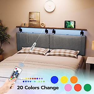 HOOBRO King Size Headboard, Wall Mount Hanging Headboard with 4 USB Ports and LED Light, PU Upholstery, Open Storage Shelf, for Bedroom, Bar, Dining or Entryway, Rustic Brown and Gray