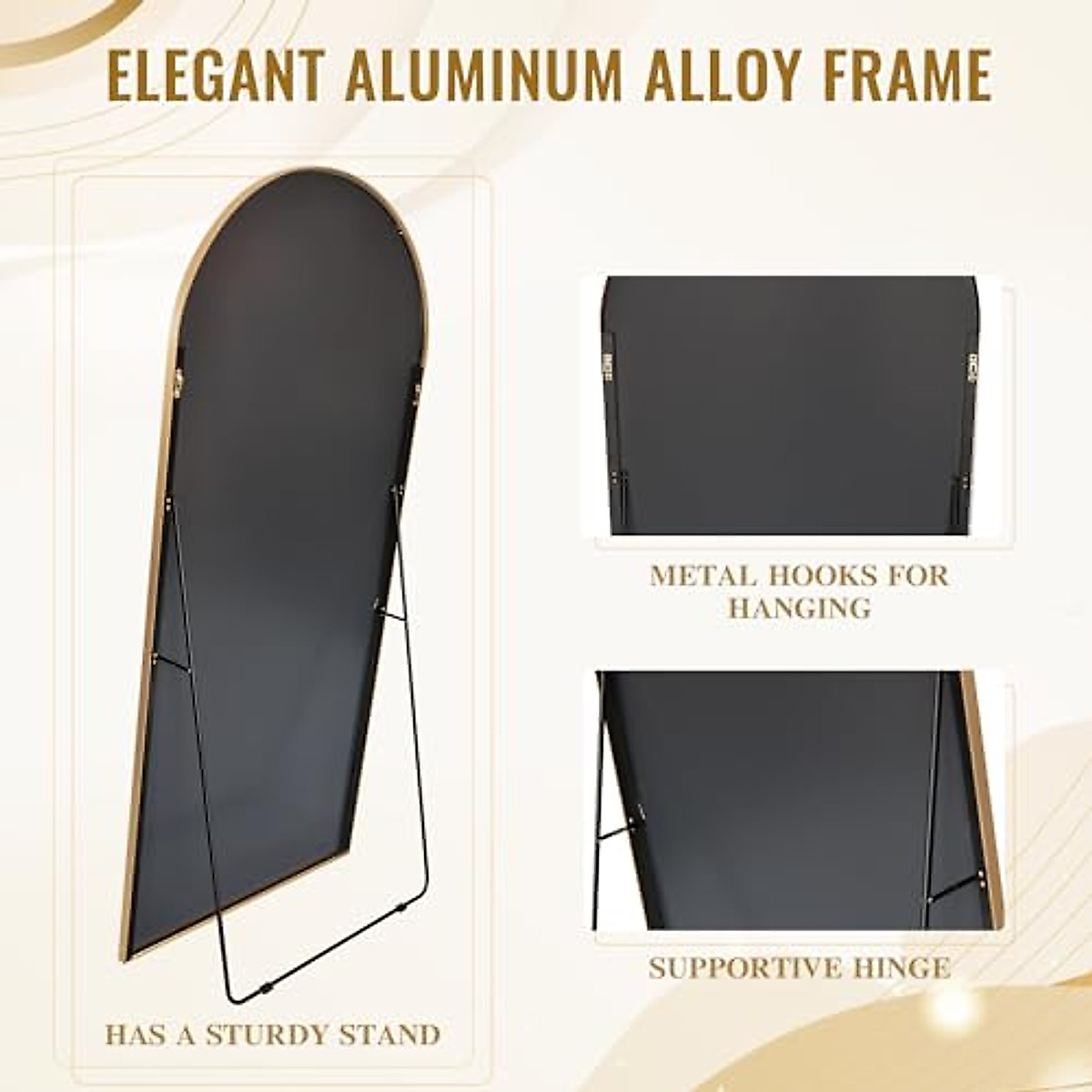 ABSWHLM 71"x32" Arched Mirror Full Length Large Mirror with Stand Aluminum Alloy Frame Floor Mirror for Living Room, Bedroom Hanging Standing or Leaning Wall-Mounted, Gold