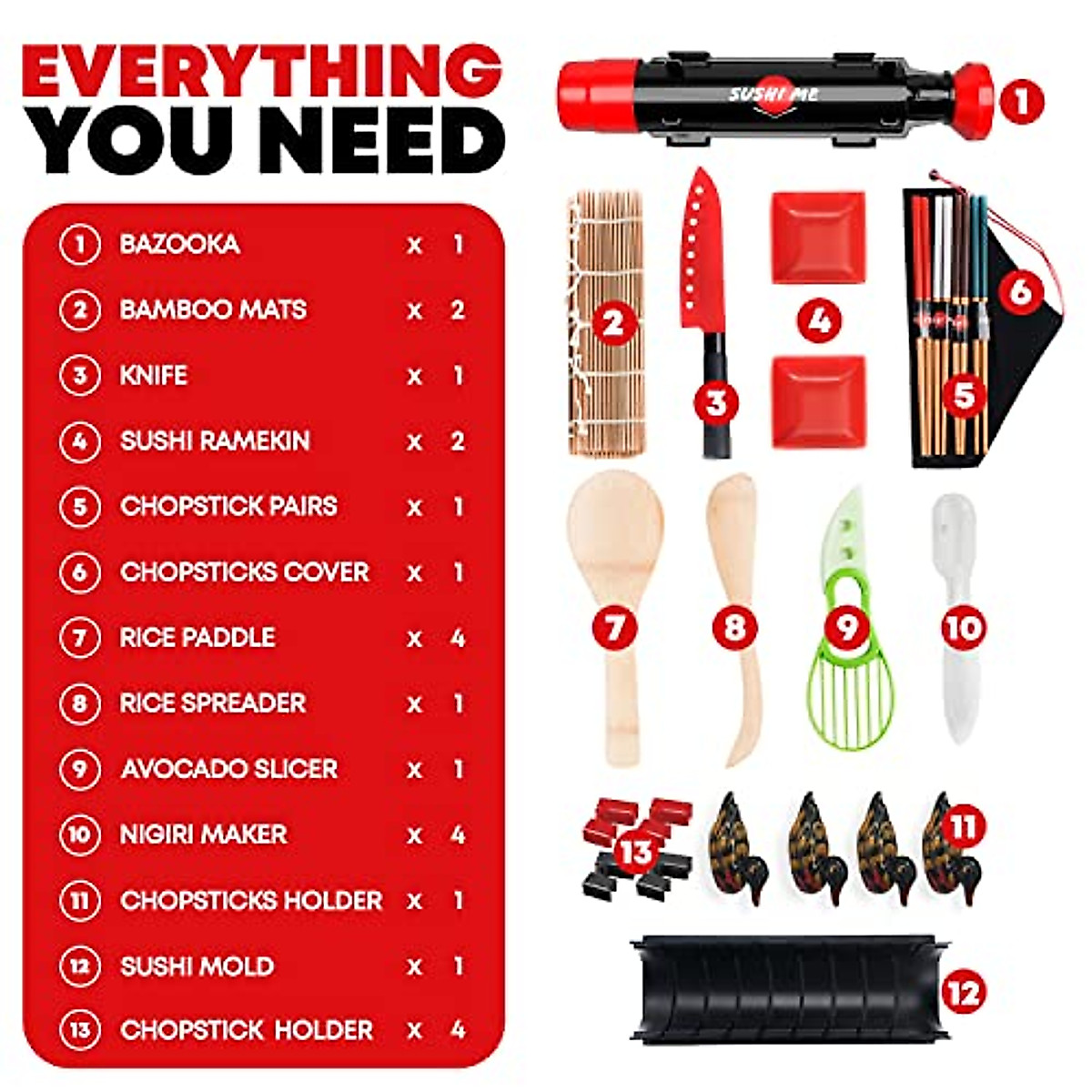 Sushi Making Kit - Sushi Kit For Home Includes Sushi Roller, Sushi Bazooka, Avocado Slicer, Sushi Knife, Sushi Bamboo Rolling Mat, Chop Sticks Pack Reusable, Best Sushi Maker Kit