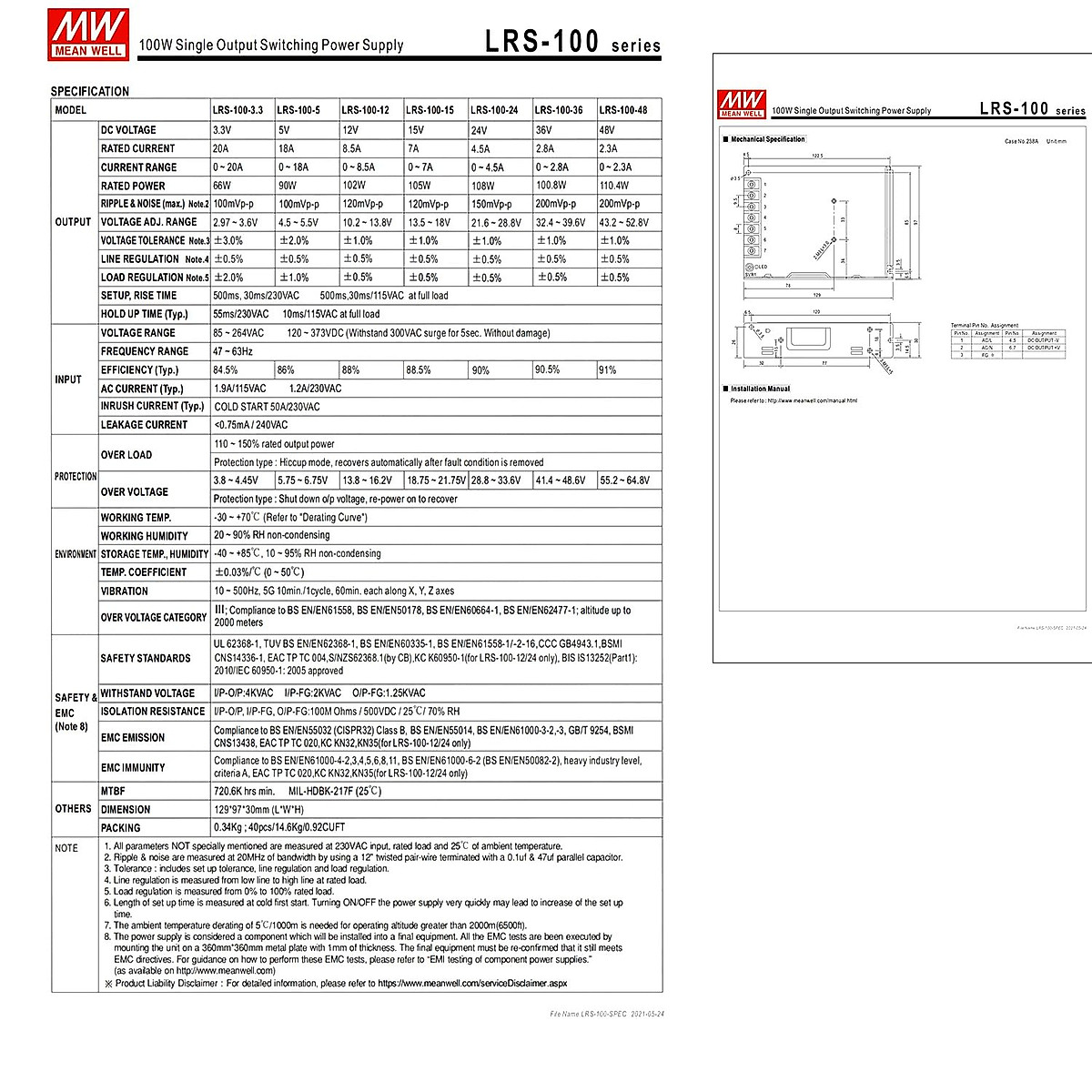 DrapeMania LRS-100-36 36V 2.8A 100W Single Output Switching Power Supply - 90.5% Efficiency, 85-264VAC Wide Input, Ultra Slim 1U, Reliable for Industrial Applications, Automation Systems