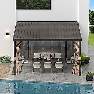 Domi Outdoor Living 10' x 12' Hardtop Gazebo with Aluminum Frame, Wall Mounted Gazebo Galvanized Steel Roof Sloping Pergola with Curtains and Netting for Patio Deck Backyard Lawn Party