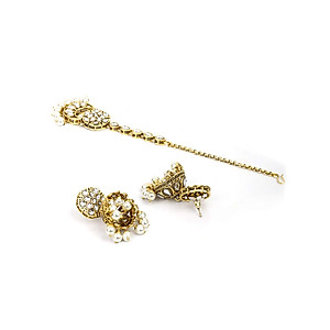 Priyaasi Kundan Indian Jewellery Set for Women with Mang Tikka | Gold-Plated | Floral-Leaf Design | Pearl Drop | Indian Bridal Jewelry Set for Wedding | Jhumka Earrings | White & Golden