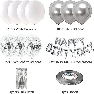 Silver Birthday Party Decoration, White Silver Confetti Latex Balloons, Silver Happy Birthday Balloons Banner with 2Pcs Silver Foil Fringe Curtains, Birthday Decorations for Women Girls Men