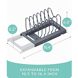 JULY HOME Expandable Pot and Pan Organizer Rack for Cabinet, Pot Lid Organizer Holder with 7 Adjustable Compartments, Cutting Board, Cookware, Bakeware & Frying Rack Organizer for Cabinet (Gray)