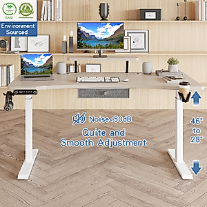 Jceet 63x30 Inches Dual Motor Electric Standing Desk with Drawer, Adjustable Height Sit Stand Up Desk with Storage Shelf, Home Office Desk Computer Workstation with Pale Pearwood Top/White Frame