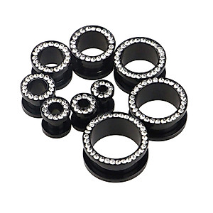 Awinrel 8 Pieces Black Gold Plated Stainless Steel Gem Rhinestones Screw Fit Ear Plug Gauges Flesh Tunnels Eyelet Stretcher Body Piercing Jewelry 10mm
