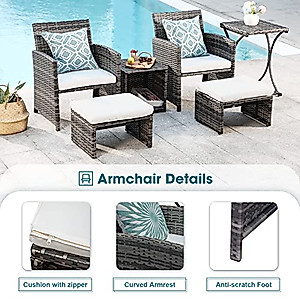 OC Orange-Casual 6 Piece Patio Furniture Conversation Set with Ottoman, Outdoor Grey Wicker Chair and Table Set, Balcony Furniture for Apartments
