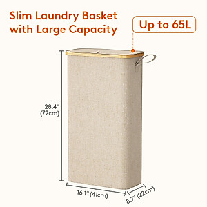 Lifewit 65L Slim Laundry Hamper with Lid, Narrow Laundry Basket with Removable Bag & Bamboo Handles, Fodable Thin Dirty Clothes Hamper for Laundry Collapsible Bin for Bathroom Bedroom Dorm, Beige