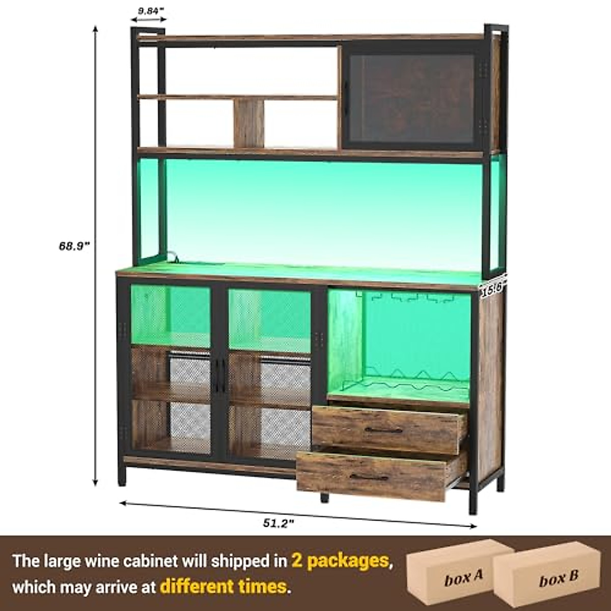 Cyclysio 7-Tier Wine Cabinet with Large Storage Space, Tall Home Bar Cabinet with Power Station & LED Light, Farmhouse Liquor Cabinet with Storage Drawers, Hutch, Wine Rack, Farmhouse