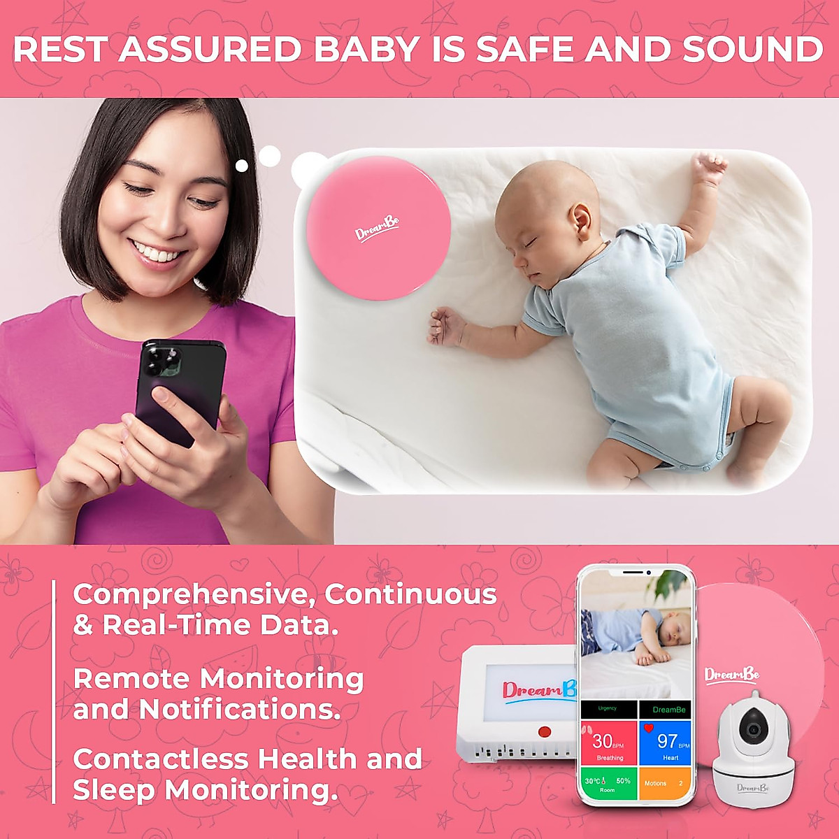 DreamBe-1 by OnSky Contactless Smart Baby Breathing Monitor, Realtime Heart Rate and Sleep Tracker – Monitor Baby Anywhere, Anytime – Touch-Screen Display WiFi - Urgency (DreamBe1P-C with Camera Pink)