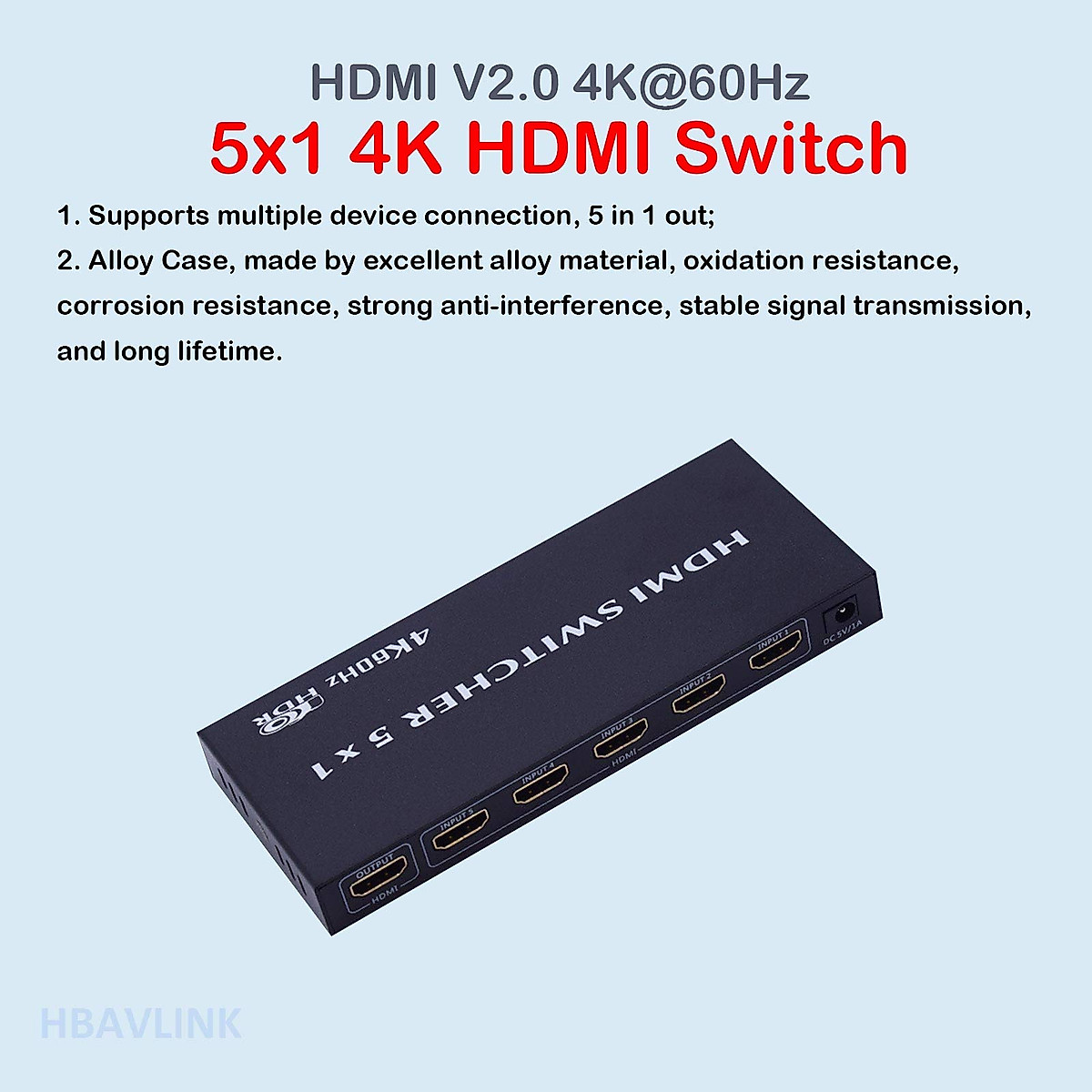 HDMI Switch Box 5 in 1 out- HBAVLINK 5 Port HDMI Switcher with Remote Video Switch Selector Hub for TV, Support HDMI 2.0 4K 60Hz 1080P 720P ARC CEC HDCP HDR for Roku Apple TV PS4 Xbox Blu ray Player