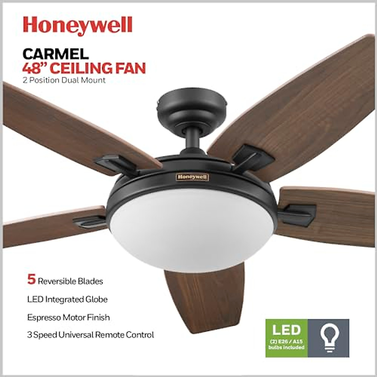 Honeywell Ceiling Fans Carmel, 48 Inch Contemporary Indoor LED Ceiling Fan with Light, Remote Control, Dual Mounting Options, Dual Finish Blades, Reversible Motor - 50197-01 (Bronze)