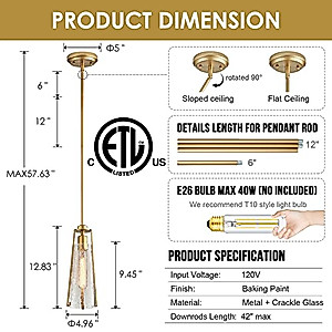 AIRYPHANT Gold Glass Pendant Light Set of 3, Modern 1-Light Gold Crackle Glass Pendant Light for Dining Room Kitchen Island