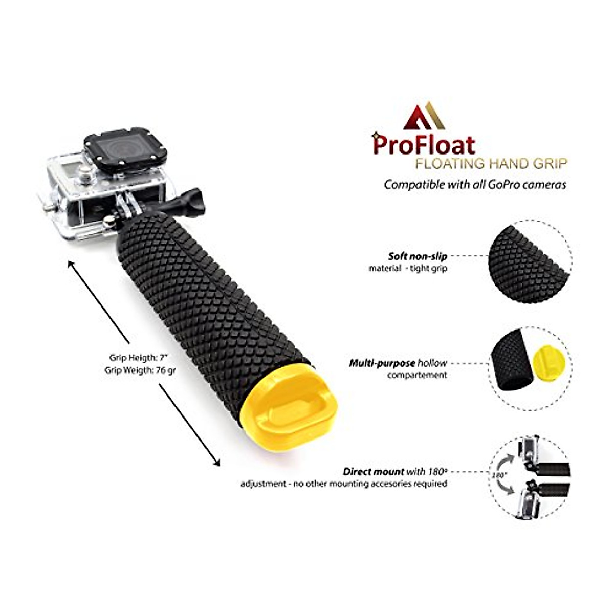 MiPremium Waterproof Floating Hand Grip Compatible with GoPro Cameras Hero 11 10 9 8 7 6 5 4 3 Session Black Silver Handler Plus Handle Mount Accessories for Water Sport and Action Cameras (Yellow)