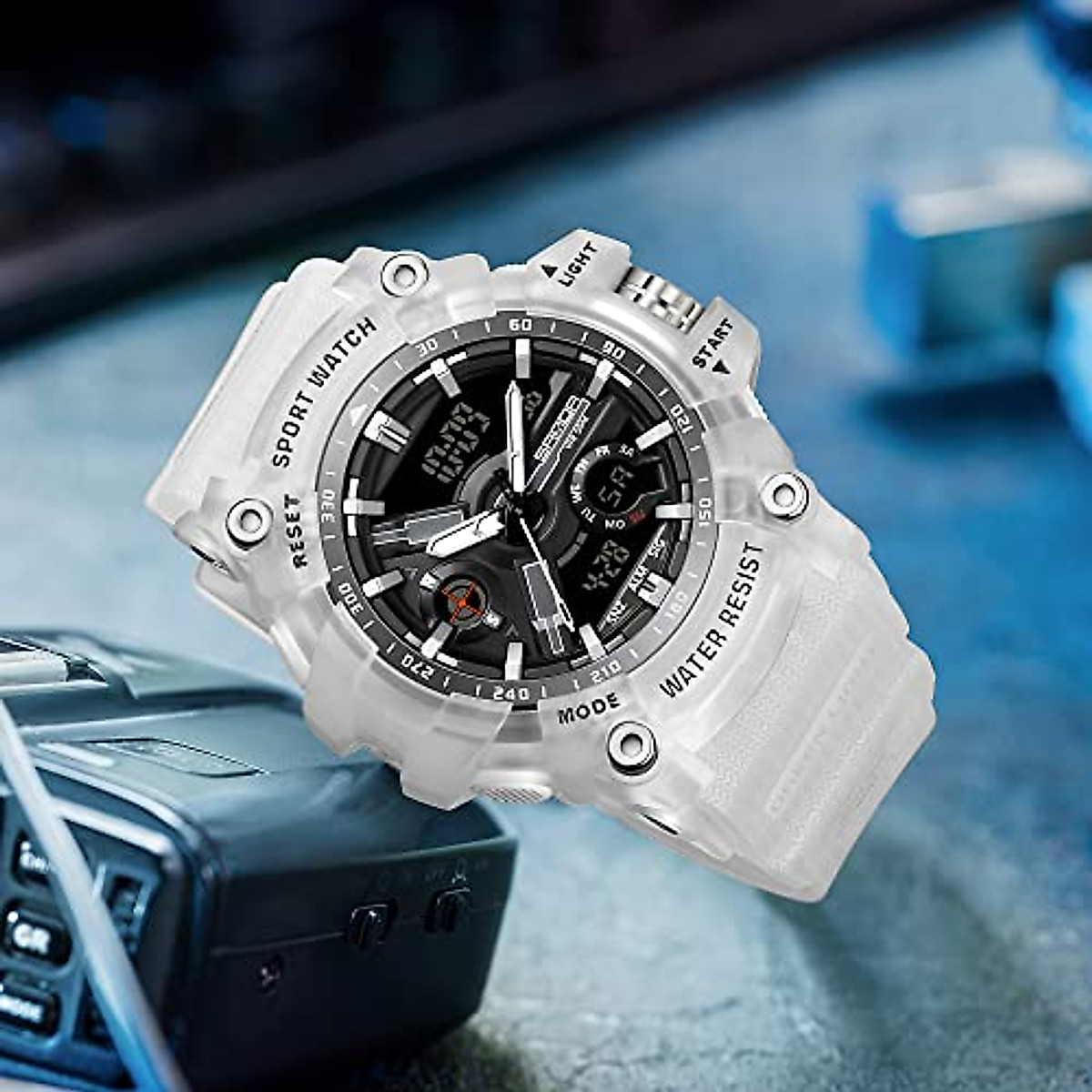 KXAITO Men's Analog Sports Watch Military Watch Outdoor LED Stopwatch Digital Electronic Large Dual Display Waterproof Tactical Army Wrist Watches for Men 3179 (Translucent White)