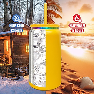 Glass Cups with Lids and Straws, 16 oz Stainless Steel Cups, Insulated Skinny Tumbler, Powder Coated Travel Mugs for Laser Engrave, Iced Coffee Cup for Smoothie Water DIY Gift (Orange,1 pack)