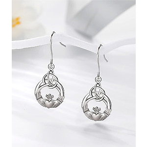 INFUSEU Claddagh Celtic Dangle Earrings for Women Sterling Silver Irish Trinity Knot Drop Earrings Charm Jewelry