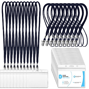 Marspark 100 Sets Clear Name Tags with Lanyard, Lanyards for ID Badges Reusable Lanyard with ID Holder Plastic Name Badges with Lanyards for Adults Kids Business School Church Conference (Dark Blue)