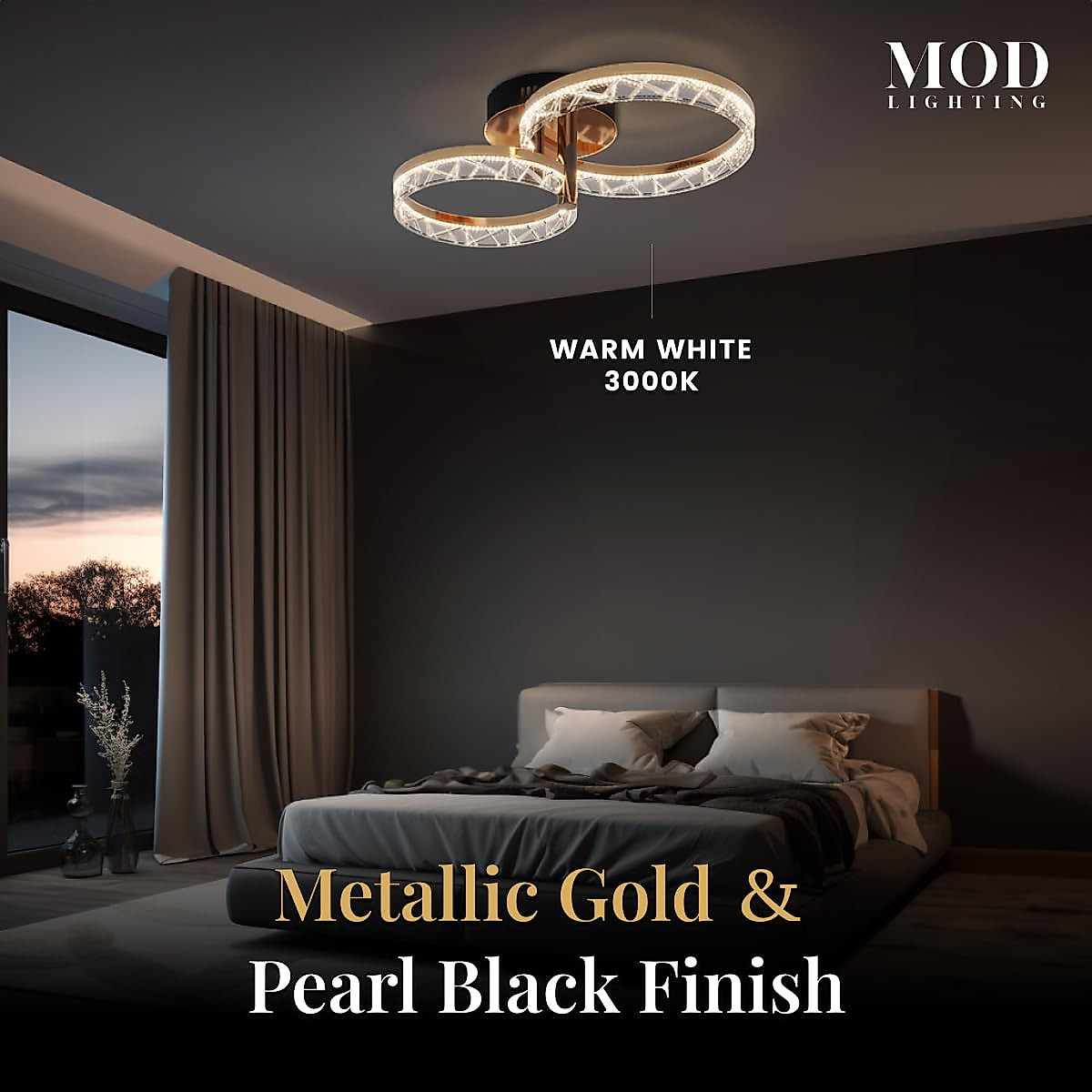 𝗠𝗢𝗗 𝗟𝗜𝗚𝗛𝗧𝗜𝗡𝗚 Clara | Modern Flush Mount Ceiling Light Fixture, 2 Rings LED Ceiling Light for Kitchen, Bedroom & Hallway, Close to Ceiling Lights (Gold & Pearl Black | 14"x22" | Warm White)